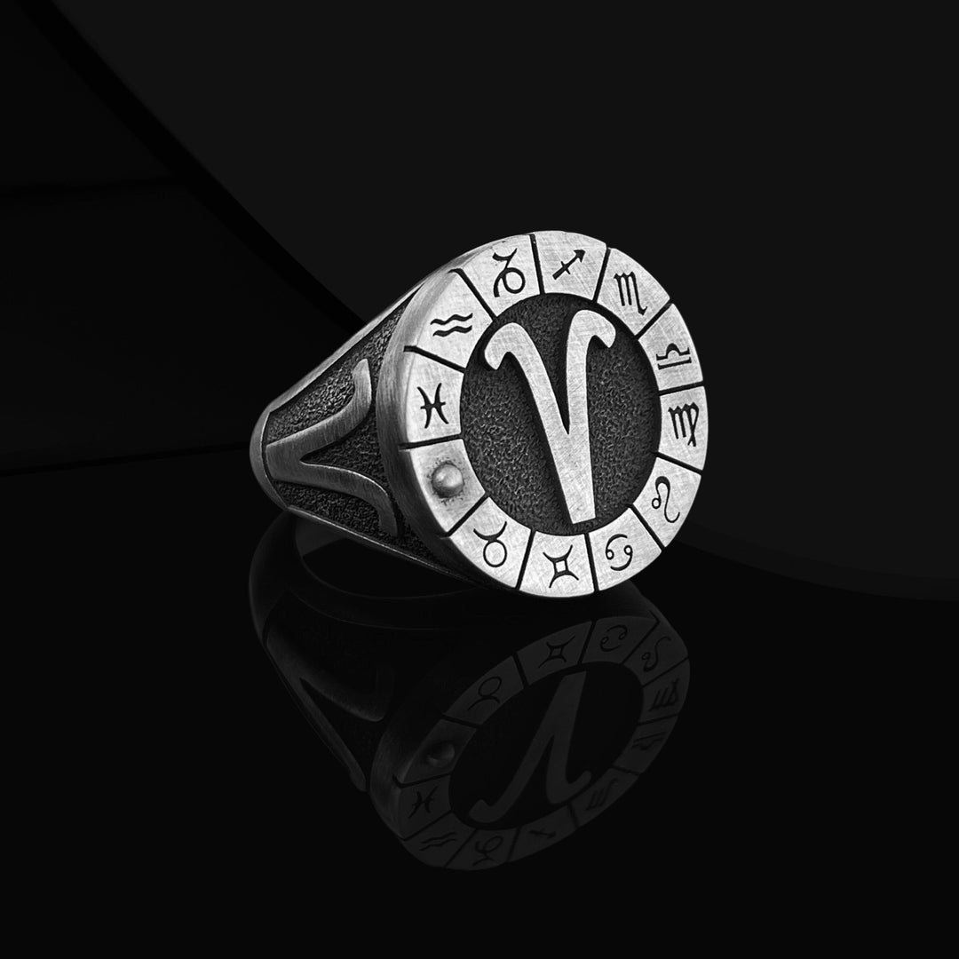 Aries Zodiac Signet Ring for Men, Male Pinky Ring With Intaglio Zodiac ...