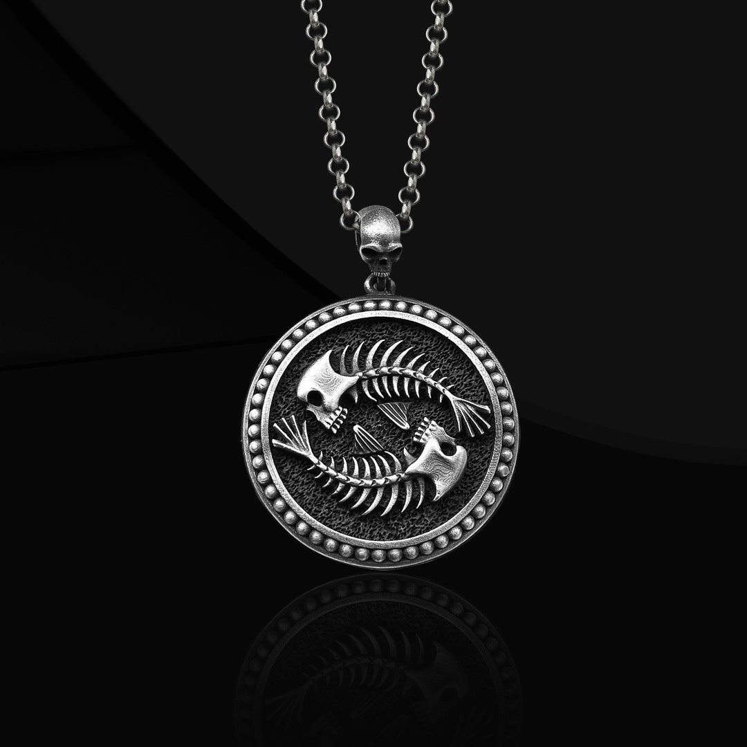 Memento Mori Pisces Necklace: Gothic Silver Zodiac Coin, Fish Skeleton ...
