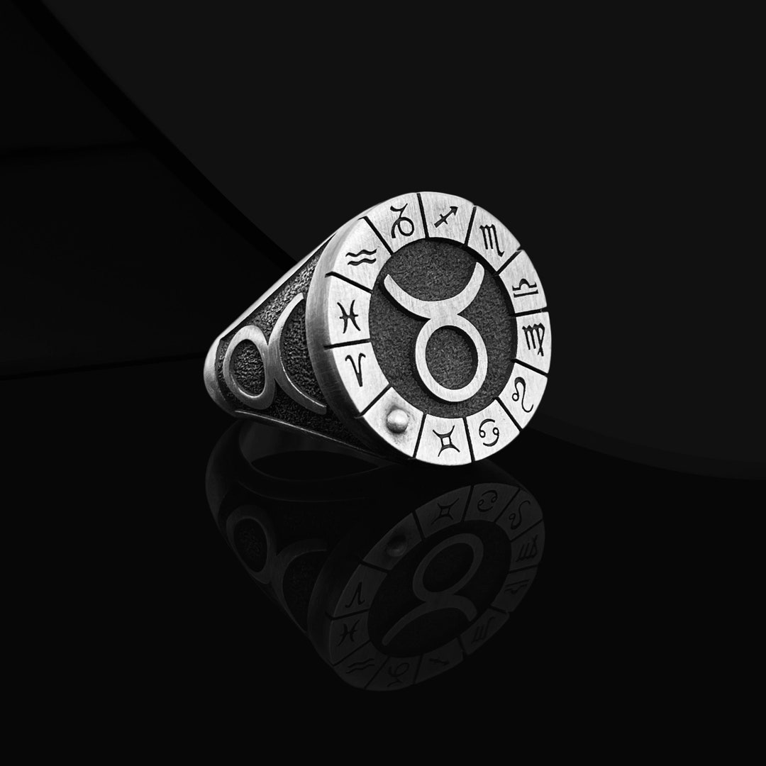 Taurus Pinky Signet Ring for Men, Oxidized Zodiac Sign Signet Ring in ...