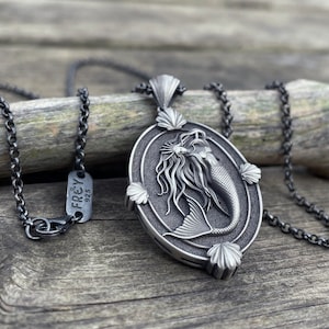 Mermaid Siren Charm Oxidized Silver Necklace, Anchor Mermaid Pendant ...