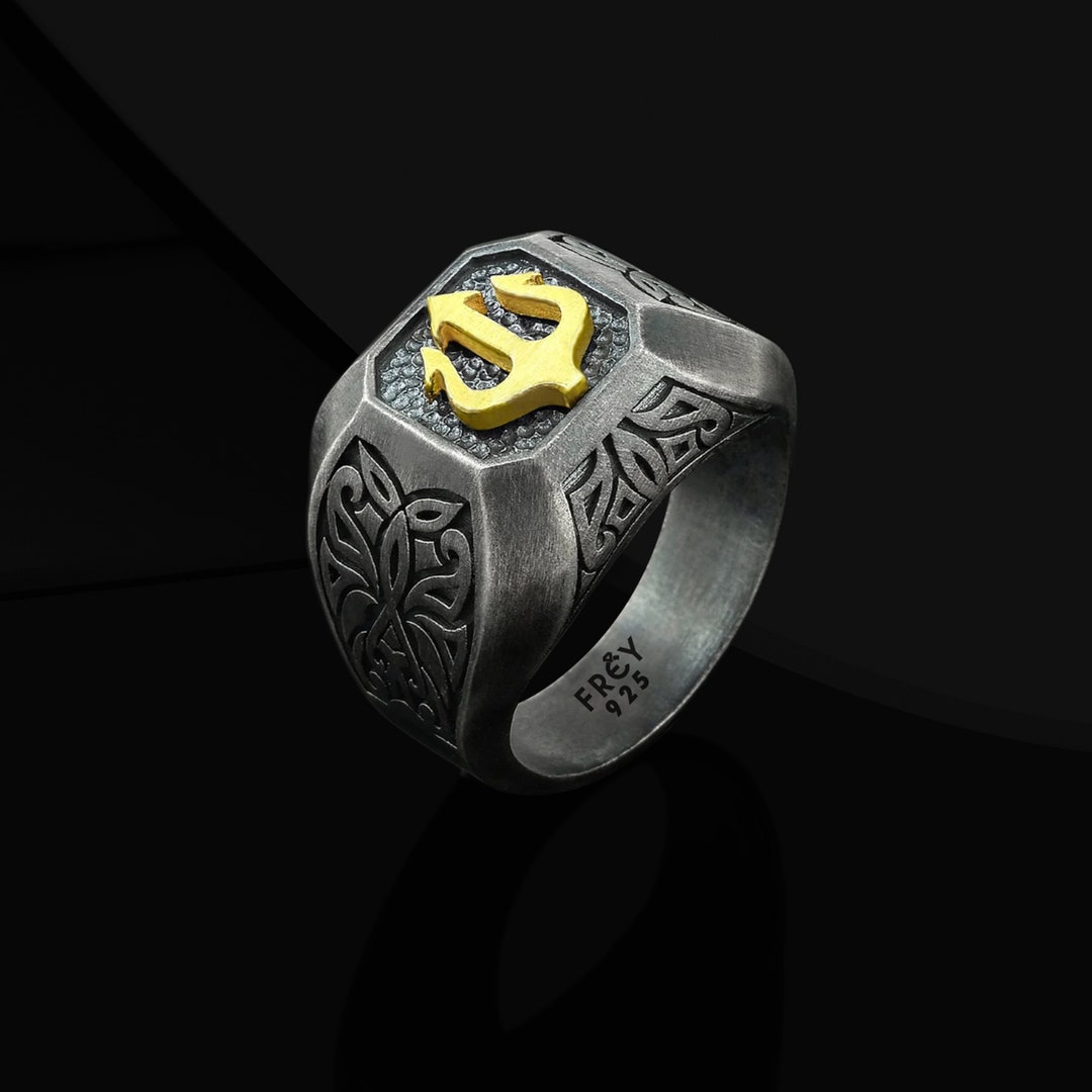 Poseidon Trident Cushion Seal Ring for Men, Silver Greek Mythology ...
