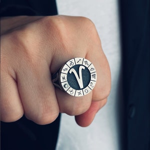 Aries Zodiac Signet Ring for Men, Male Pinky Ring With Intaglio Zodiac ...