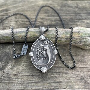Mermaid Siren Charm Oxidized Silver Necklace, Anchor Mermaid Pendant ...
