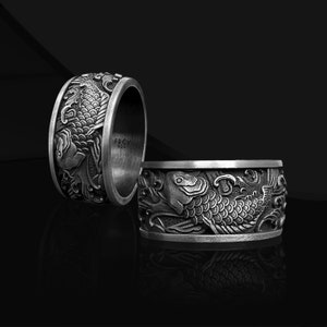 Koi Fish Wedding Ring: Handmade Oxidized 925 Sterling Silver Band - Etsy
