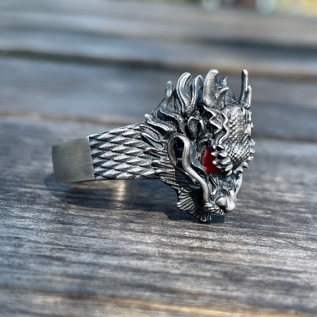 Silver Dragon Ring Mens Unique Dragon Head Ring Silver Dragon Rings for ...