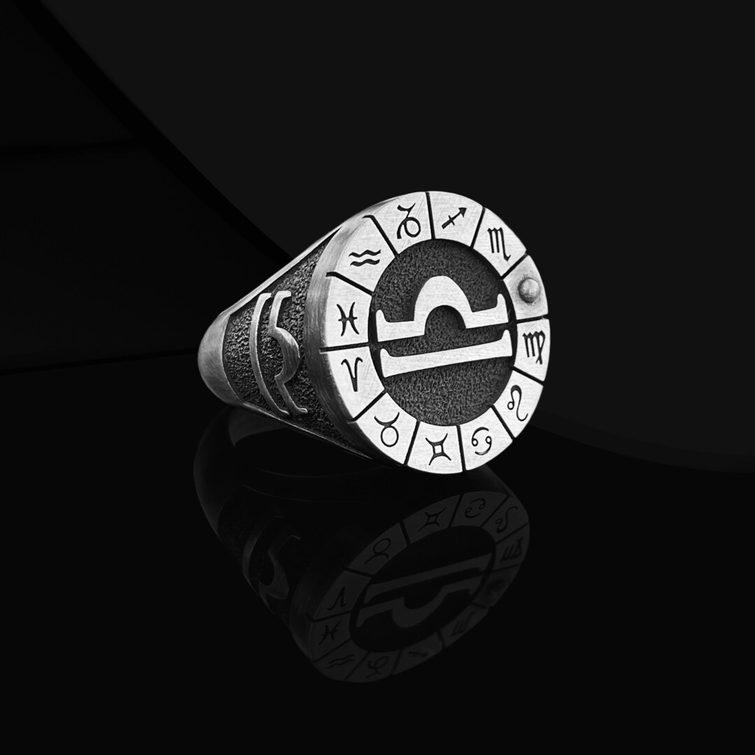 Libra Engraved Signet Ring for Men, Male Pinky Ring in Sterling Silver ...