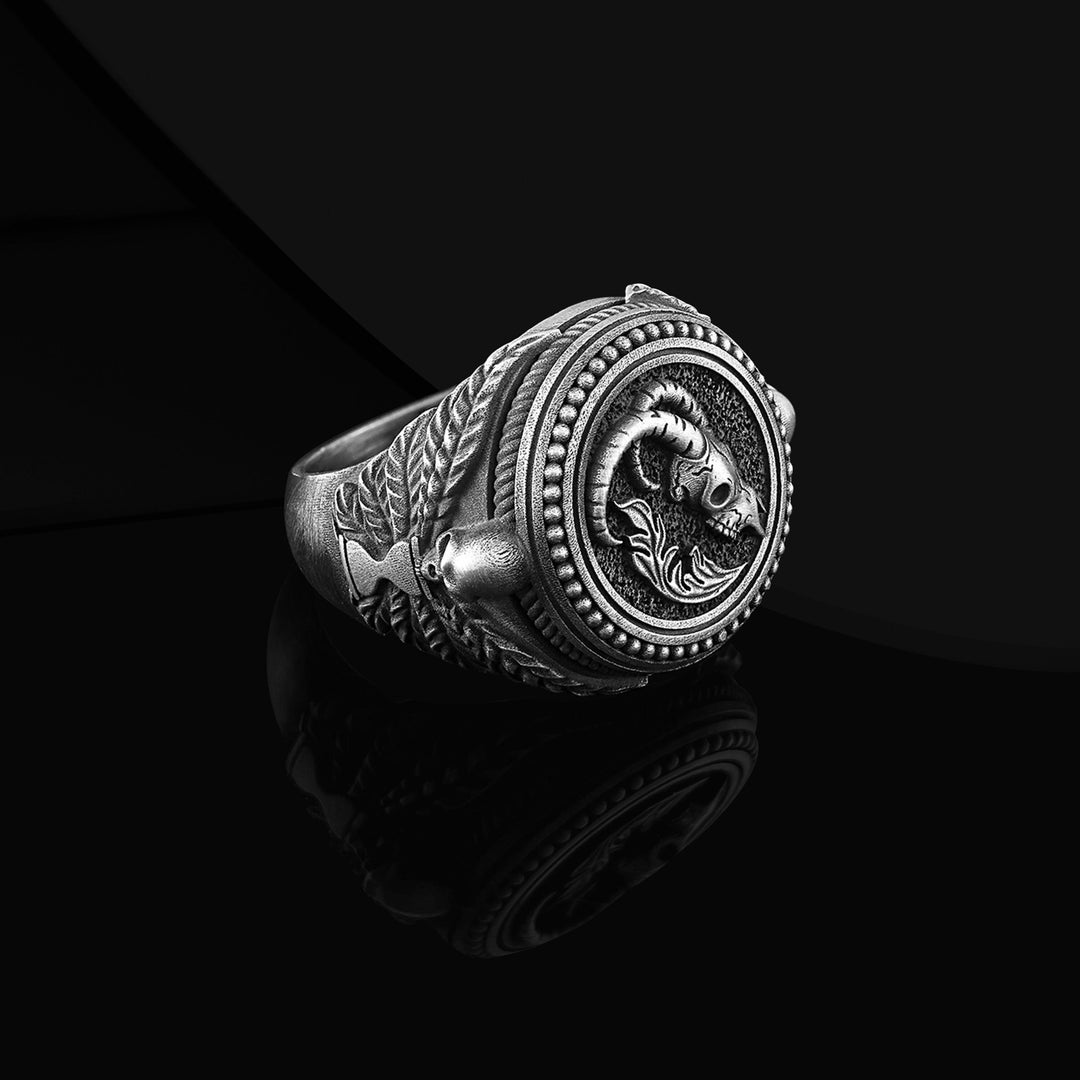 Capricorn Gothic Biker Ring for Men, Memento Mori Zodiac Signet Ring in ...