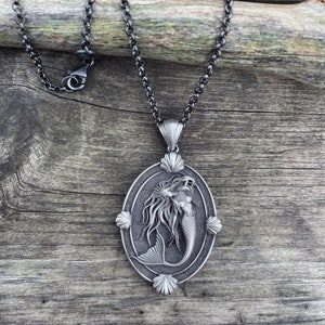 Mermaid Siren Charm Oxidized Silver Necklace, Anchor Mermaid Pendant ...