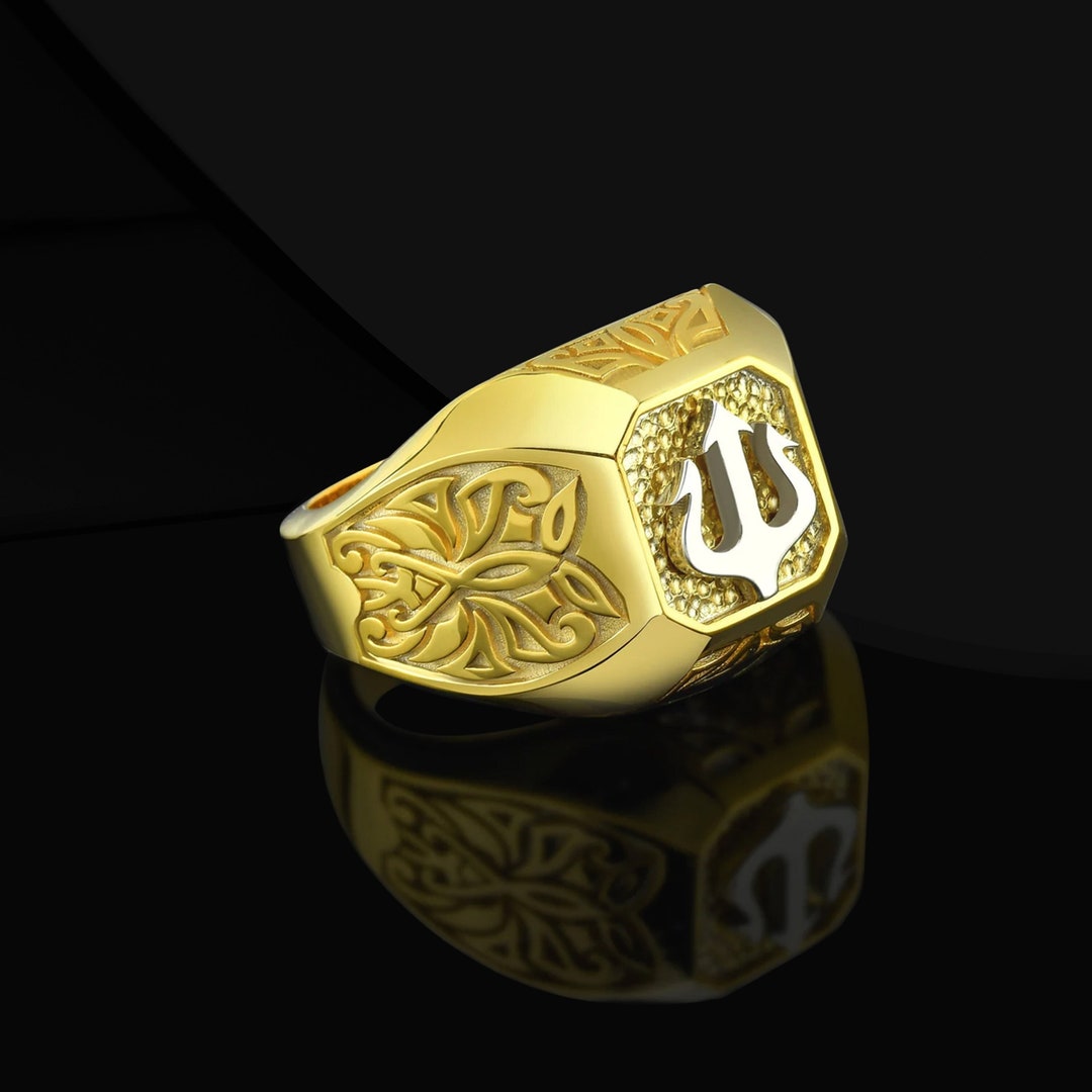 Mens Gold Poseidon Trident Signet Ring Solid Gold Celtic Ring Unique ...