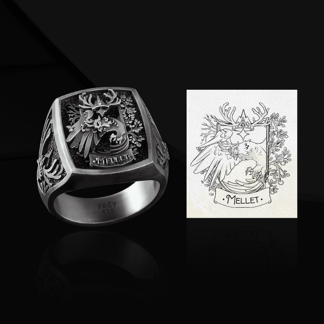 Custom Family Crest Signet Ring: Oxidized Sterling Silver Coat of Arms ...