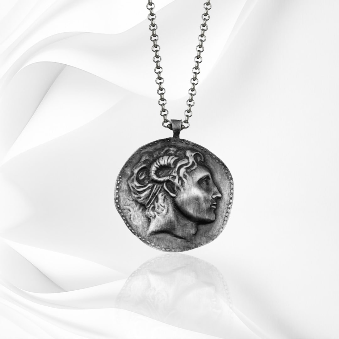 Oxidized Sterling Silver Alexander Coin Necklace Pendant Gift for Men ...