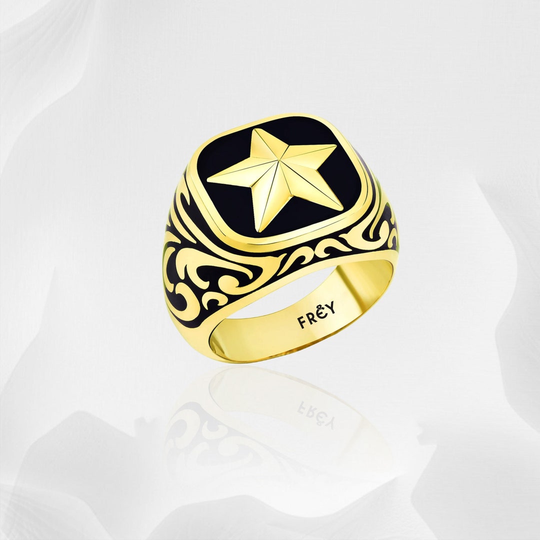 Sirius Star 925 Sterling Silver Enamel Rings, Gold Plated Black Enamel ...