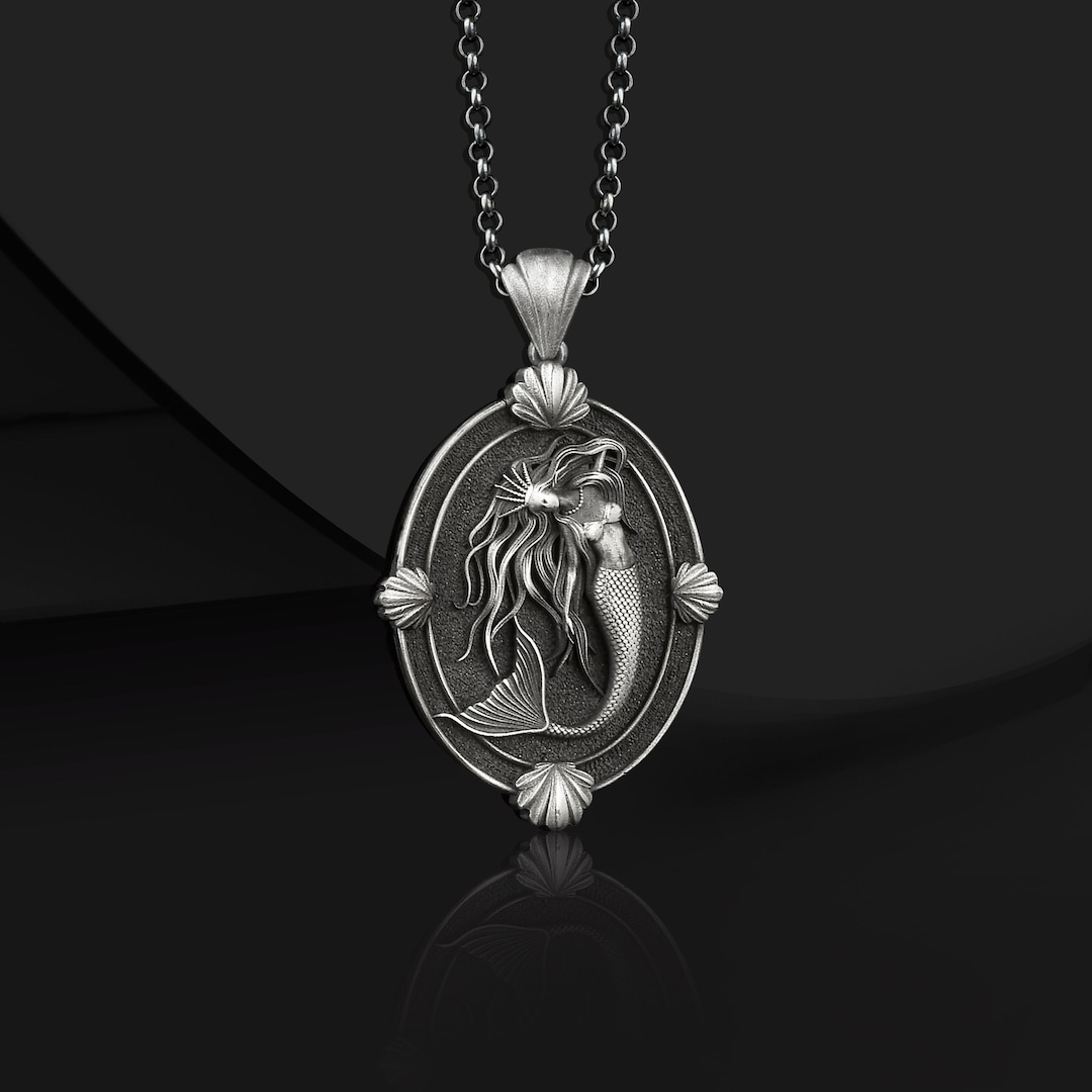 Mermaid Siren Charm Oxidized Silver Necklace, Anchor Mermaid Pendant ...