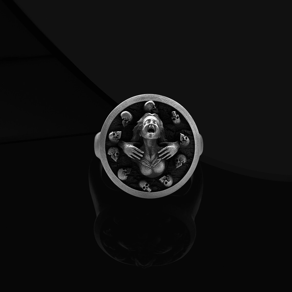 Oxidized Sterling Silver Skull Ring: Screaming Girl Memento Mori - Etsy