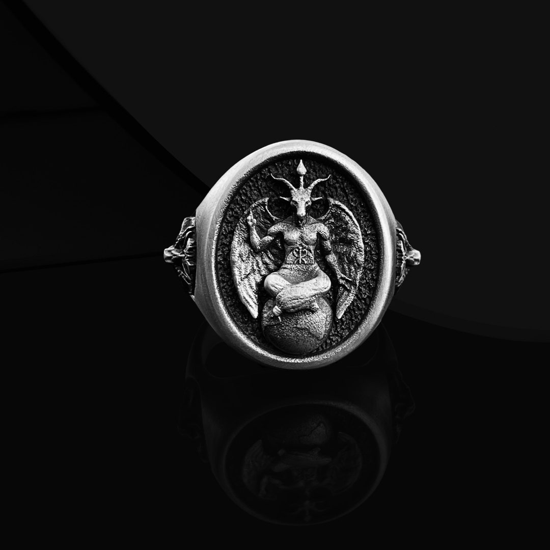 Baphomet Goat Headed Devil Winged Man Silver Ring, Baphomet Goat Head ...