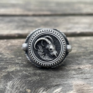 Capricorn Gothic Biker Ring for Men, Memento Mori Zodiac Signet Ring in ...
