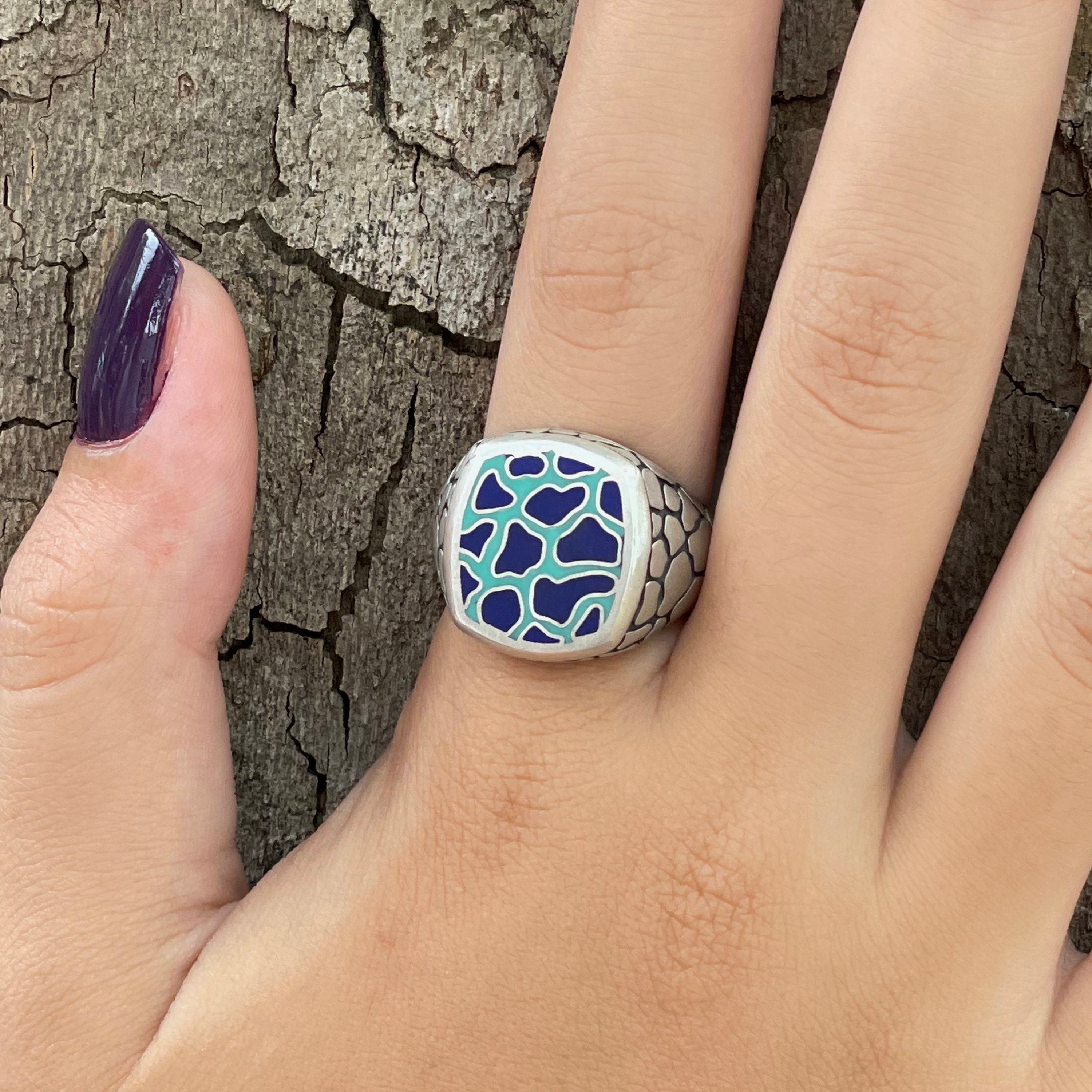 Handmade Sterling Silver Signet Ring: Blue Turquoise Enamel - Etsy