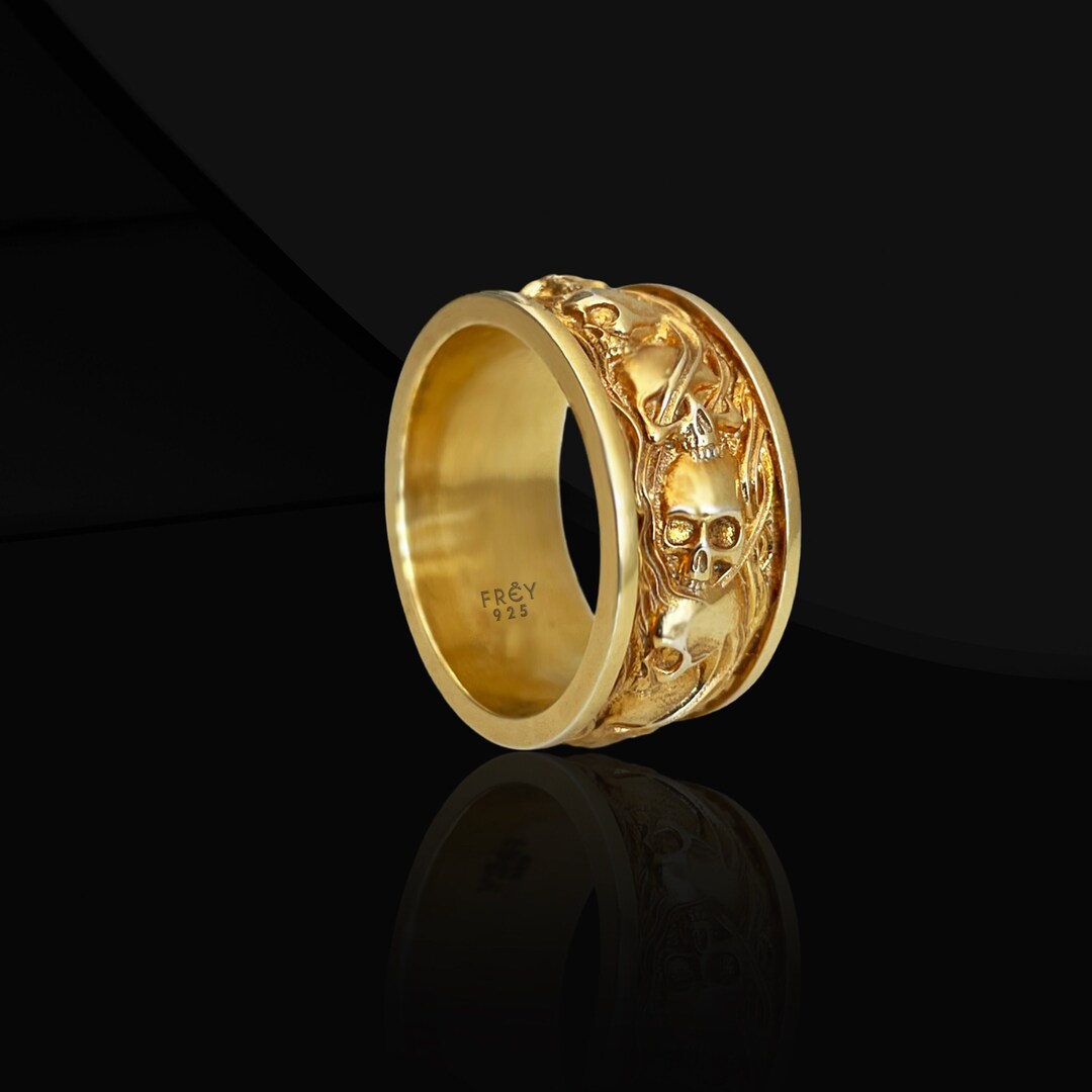 Edgy 925 Sterling Silver Skull Band Ring for Men, Gold Skull Goth ...