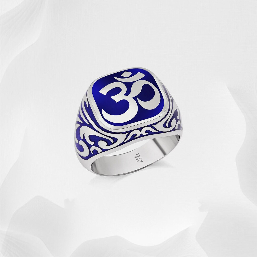 925 Sterling Silver Enamel Om Symbol Seal Ring, Meditation Rings for ...