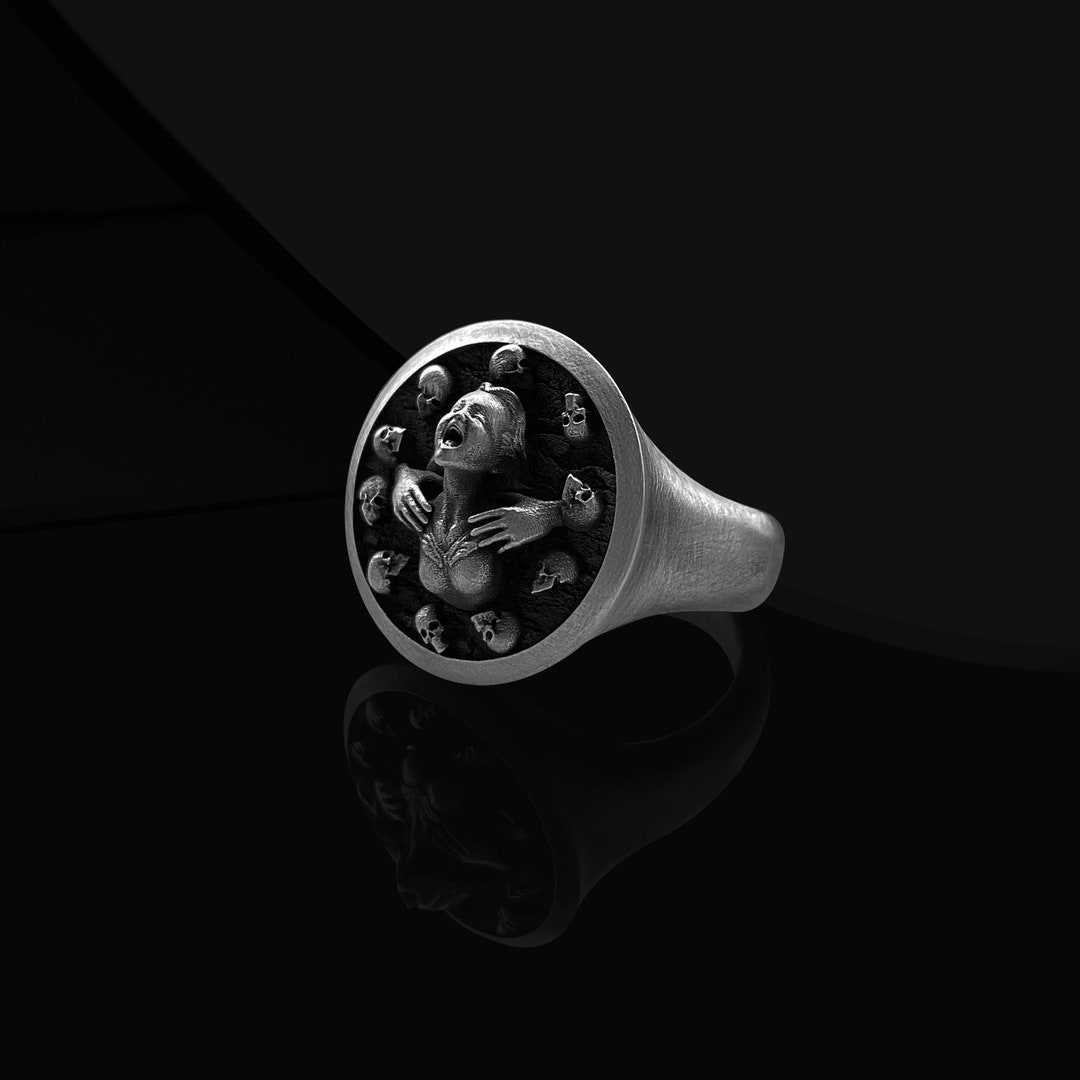 Oxidized Sterling Silver Skull Ring: Screaming Girl Memento Mori - Etsy