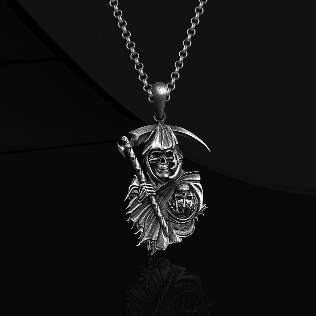Grim Reaper Skull Necklace: Gothic Oxidized 925 Sterling Silver Pendant ...