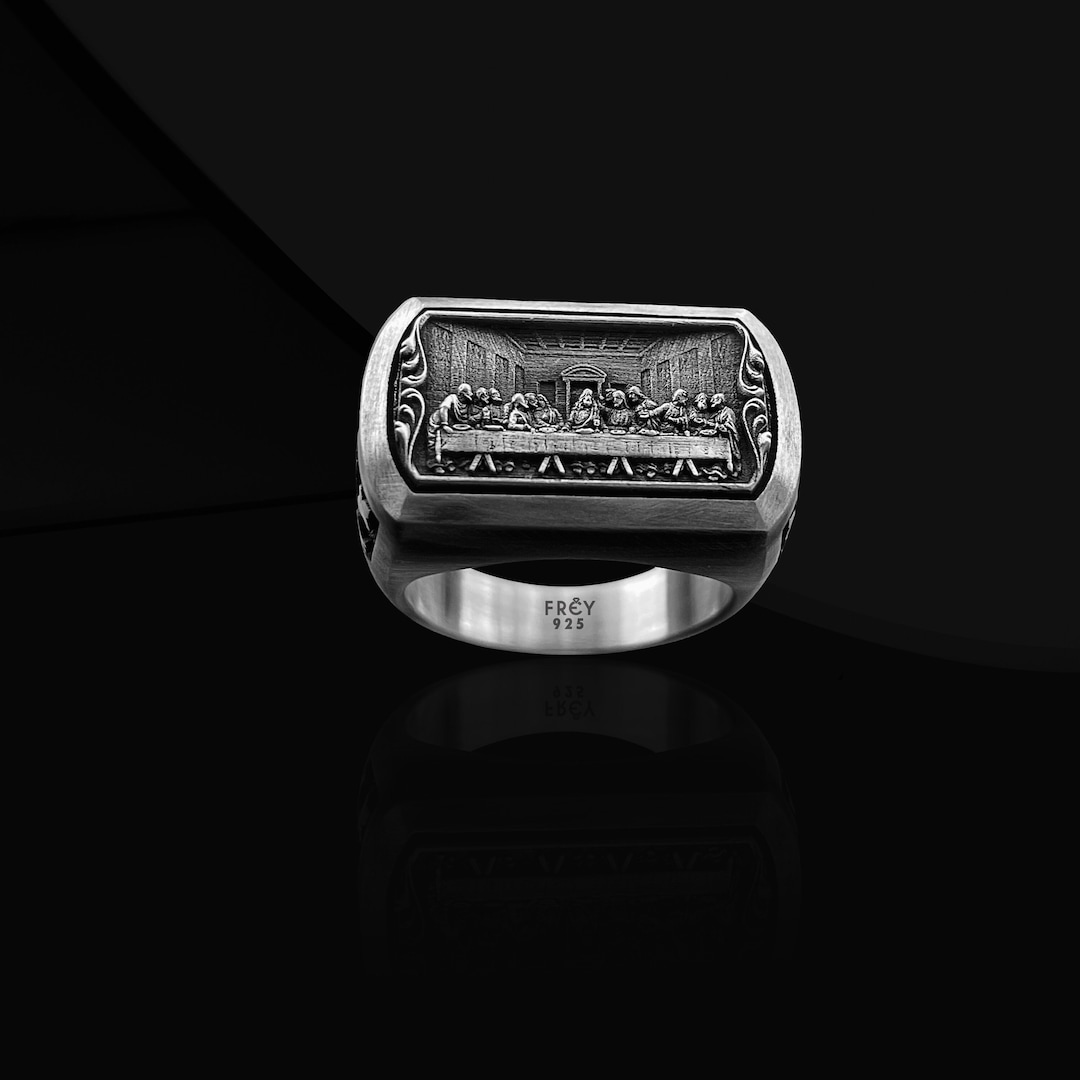 Handmade 925 Sterling Silver Leonardo Last Supper Pattern Signet Ring ...
