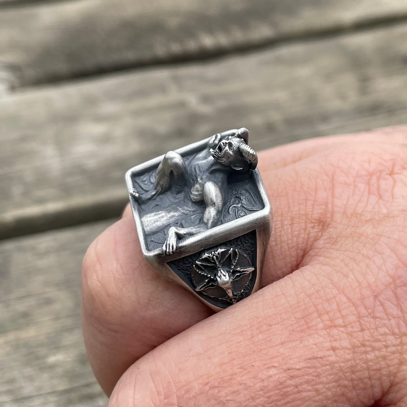 Baphomet Silver Goat Head Satanic Religion Deity Pagan Ring - Etsy