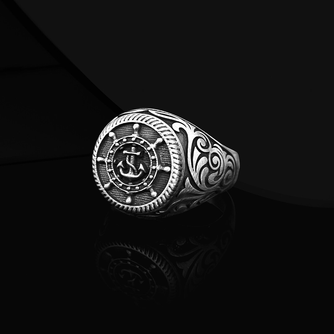 Sterling Silver Ship Steering Wheel Sailor Anchor Rings, Man Silver ...