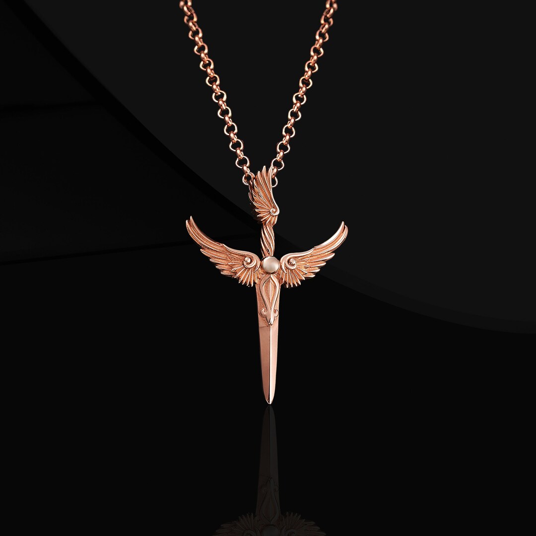 Handmade Rose Silver Angel Wing Sword Necklace: 925 Sterling Silver ...
