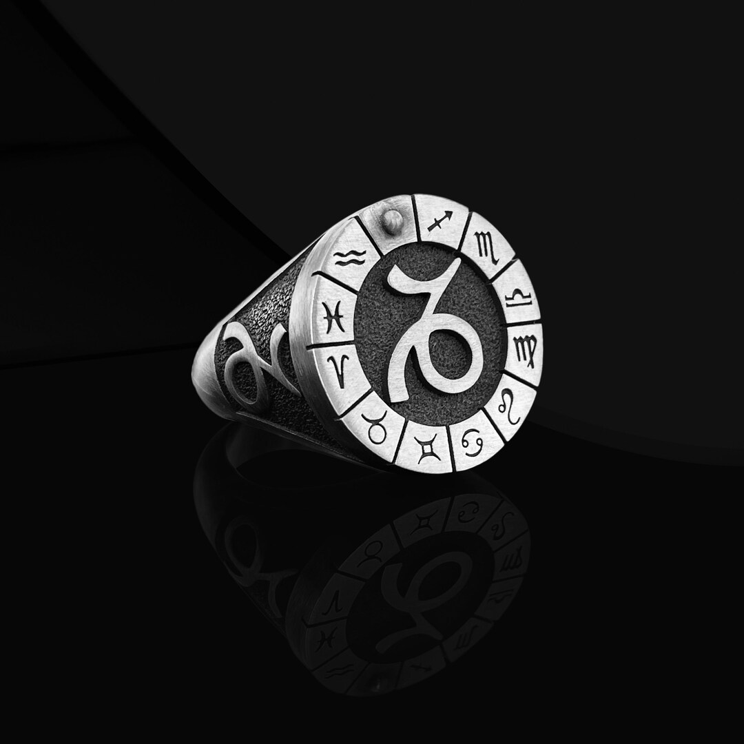 Capricorn Engraved Zodiac Sign Ring, Oxidized Pinky Signet Ring for Men ...