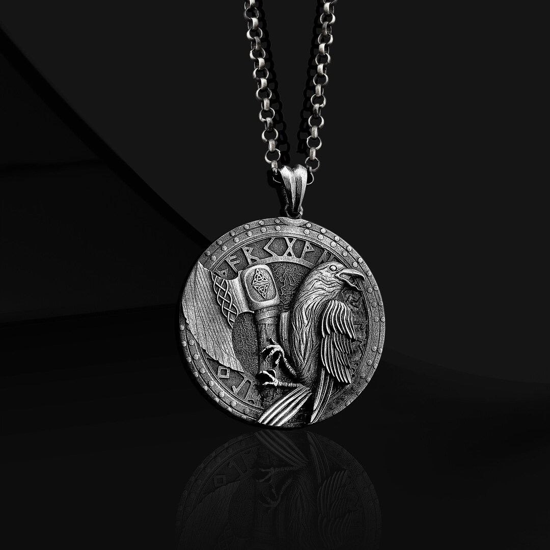 Viking Medallion Sterling Silver Necklace With Raven and Axe, Norse ...