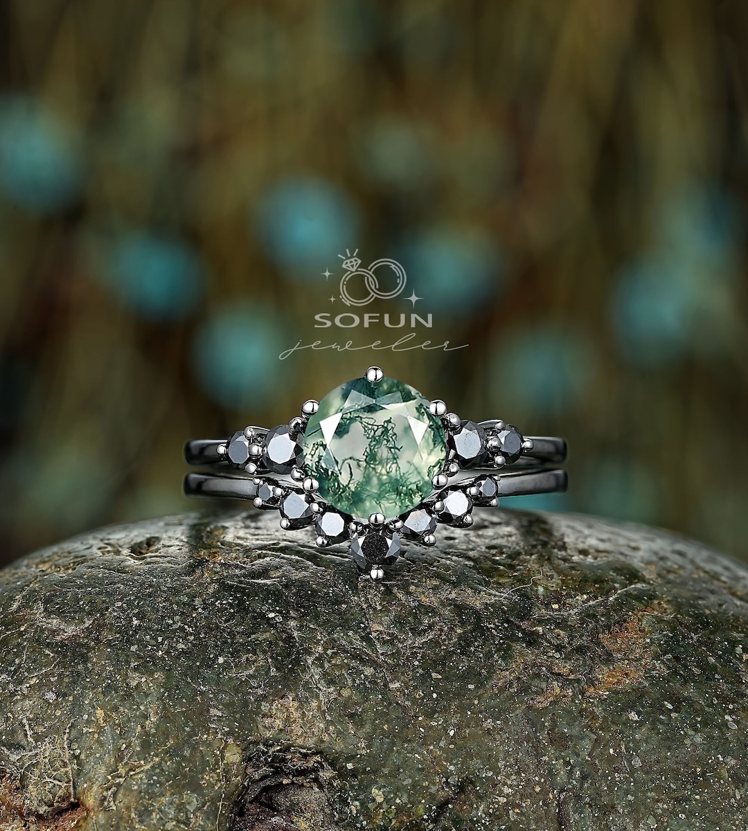 Black Gold Round Moss Agate Engagement Ring Set, Unique Black Promise ...