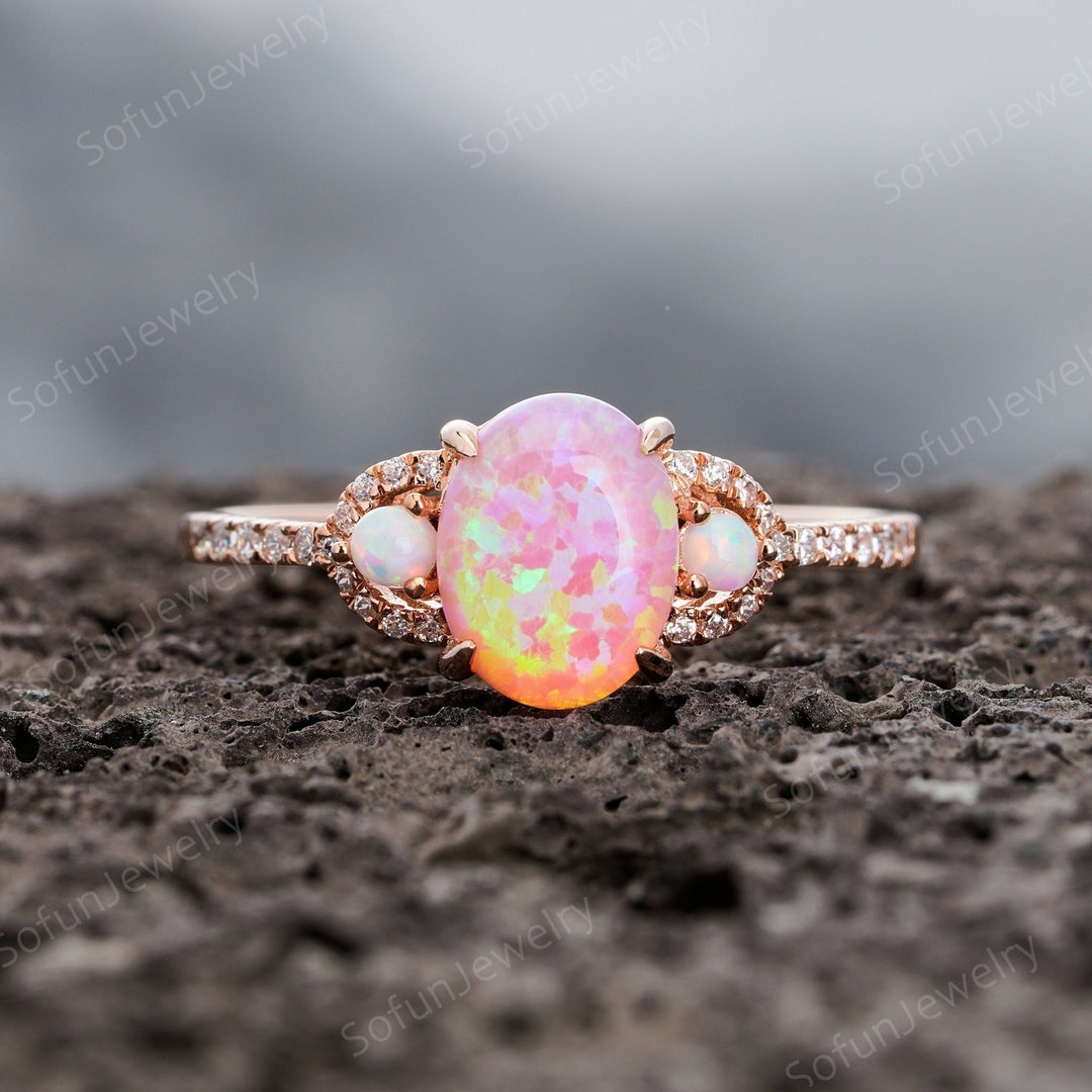 Oval Cut Pink Fire Opal Engagement Ring, Vintage Moissanite Opal ...