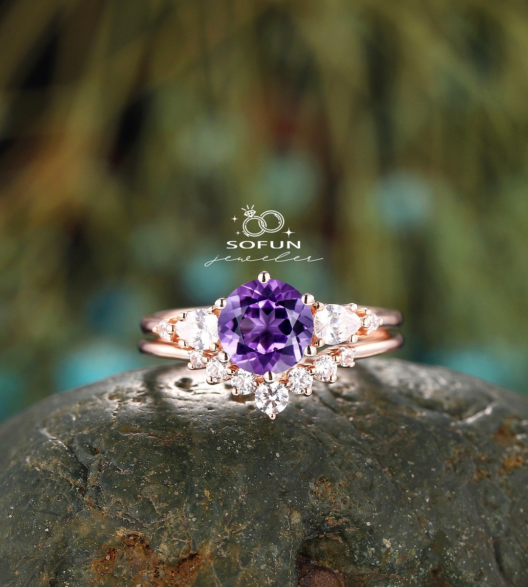 Vintage Round Cut Amethyst Engagement Ring Set, Unique 14k Rose Gold ...