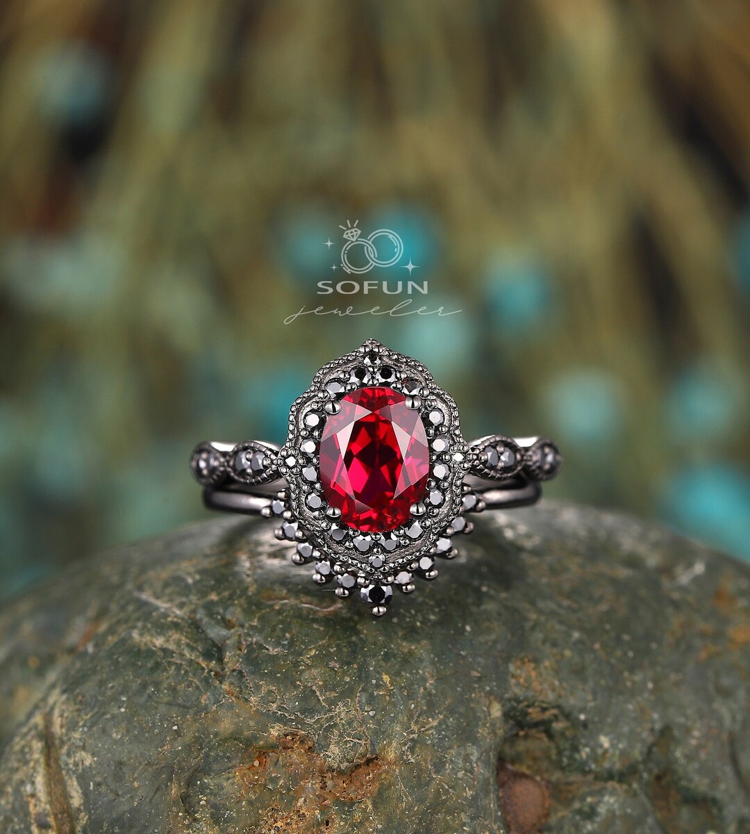 Black Gold Oval Shape Ruby Halo Engagement Ring Set, Gothic Ruby Black ...