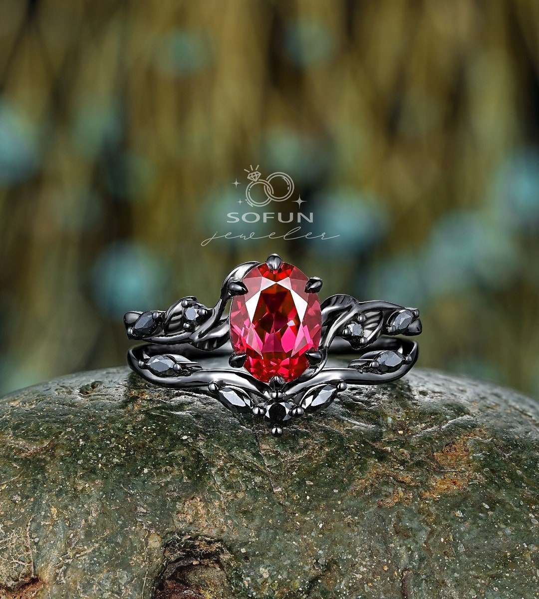 Black Gold Ruby Leaf Engagement Ring Set, Gothic Oval Cut Ruby Promise Ring, Rhodium Black Ruby ...