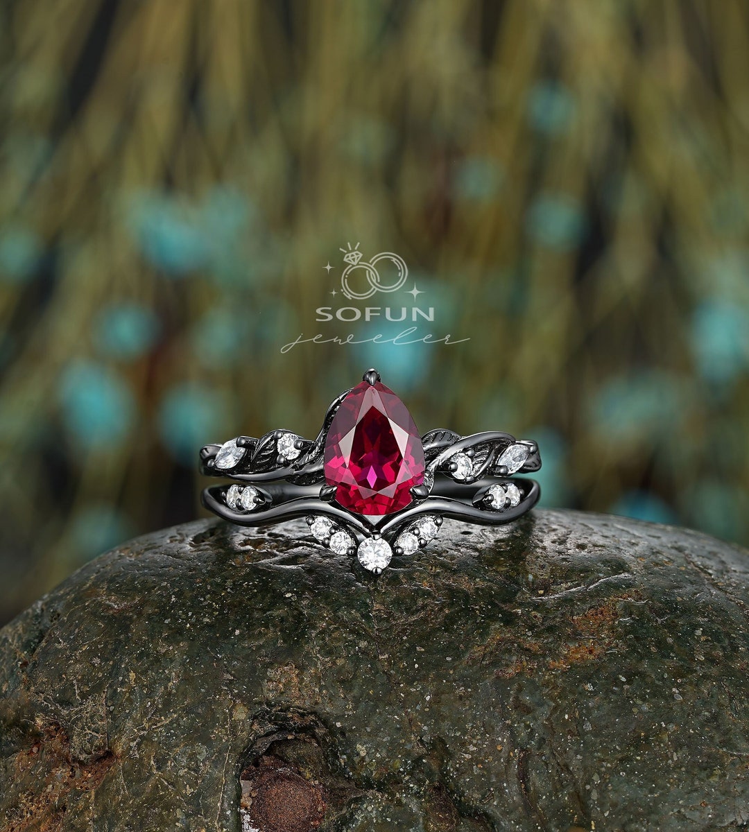 Black Gold Pear Shape Ruby Engagement Ring Set, Gothic July Birthstone ...