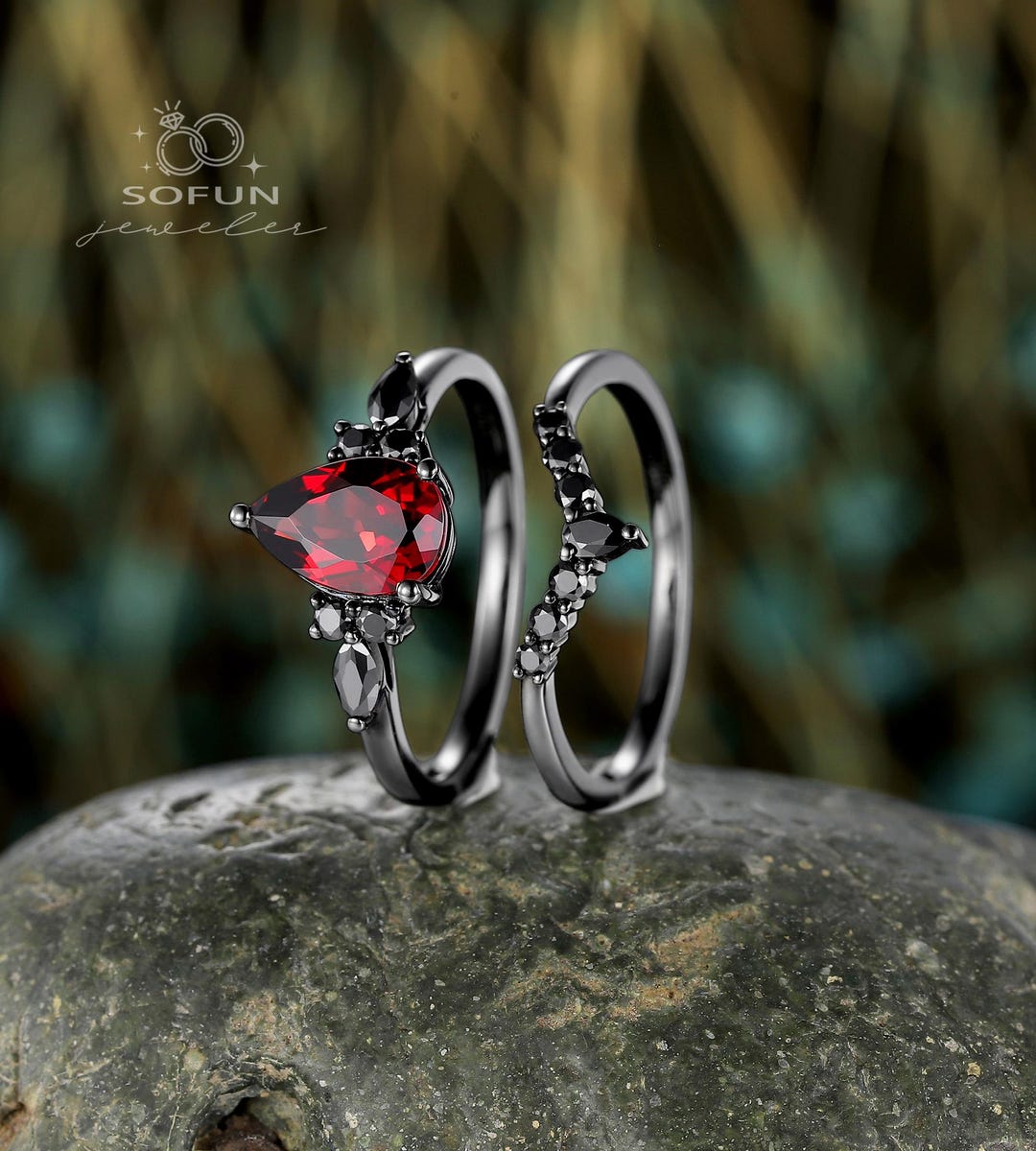 Black Gold Pear Garnet Engagement Ring Set, Gothic January Birthstone ...