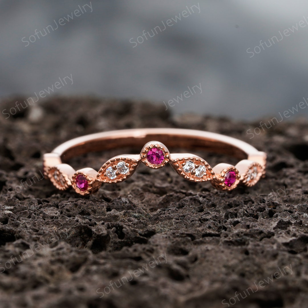Vintage V Shaped Ruby Wedding Band, Curved Ruby Engagement Ring ...