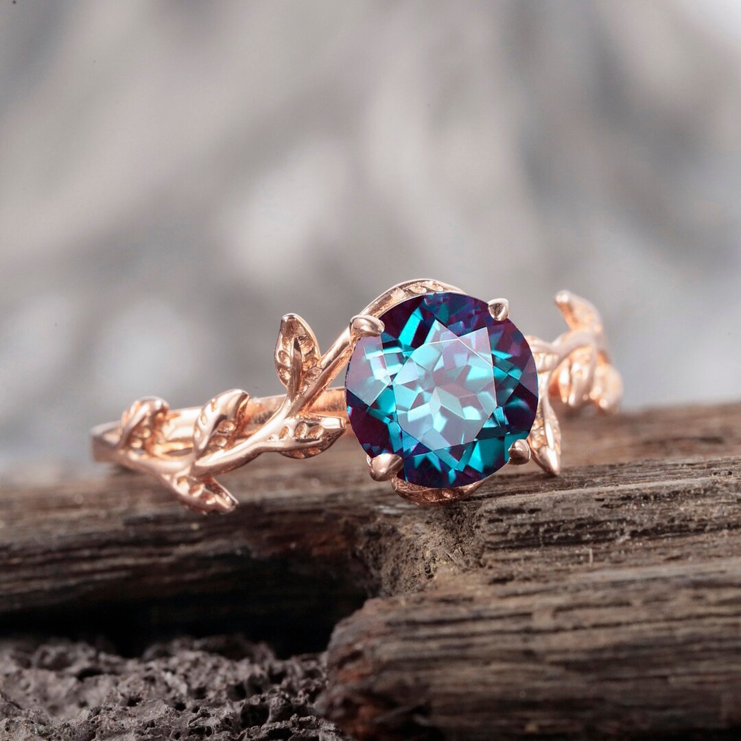 Vintage Round Alexandrite Leaf Engagement Ring, Unique 14K Rose Gold ...