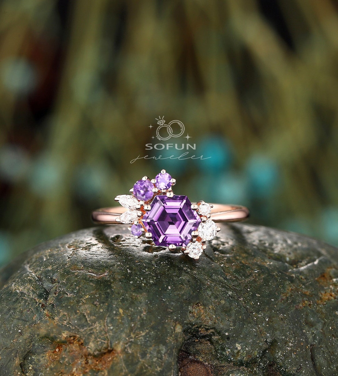 Unique Purple Amethyst Engagement Ring, Vintage 14K Rose Gold Amethyst ...