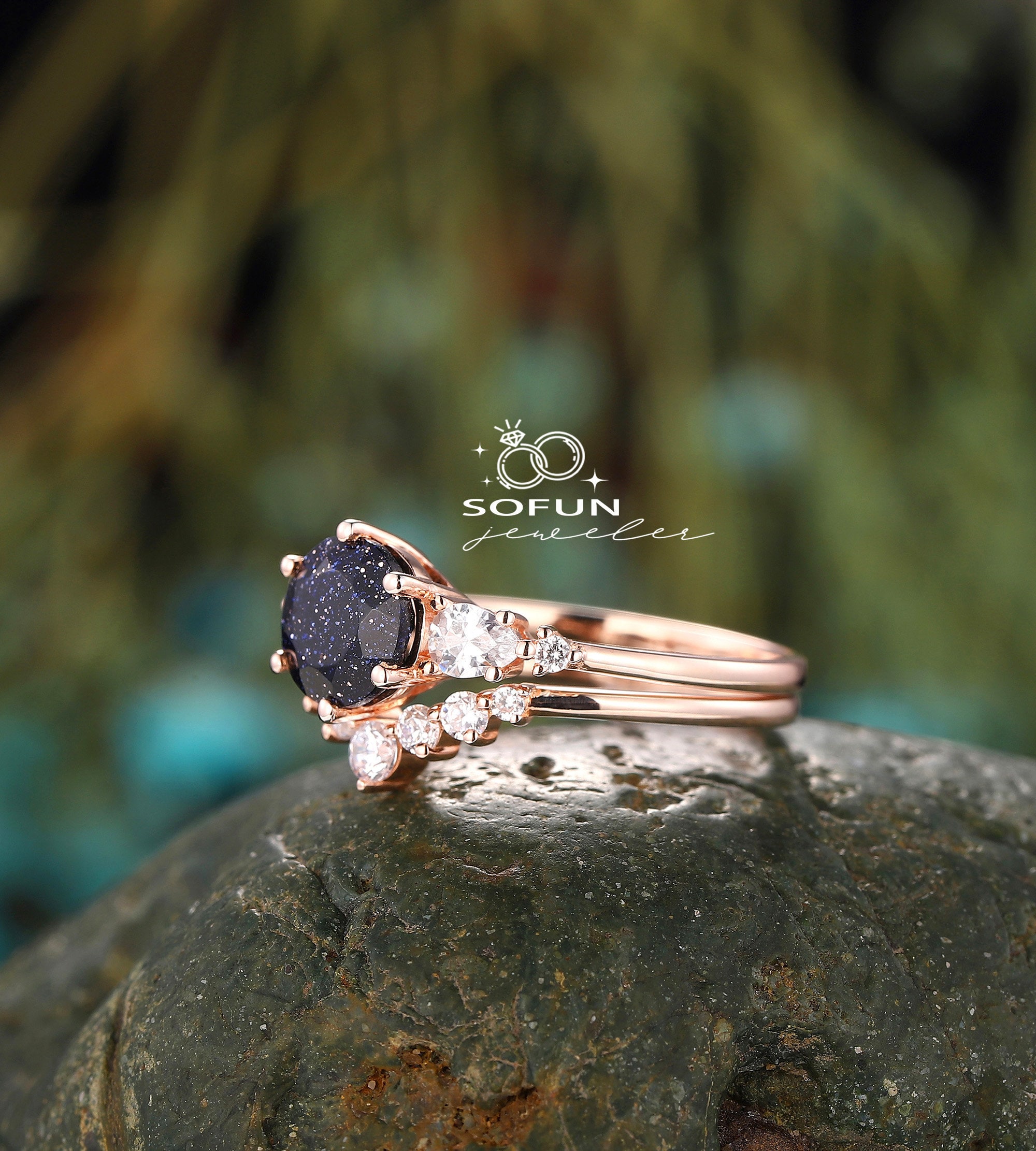 Vintage Blue Sandstone Engagement Ring Set, 14k Rose Gold Moissanite ...