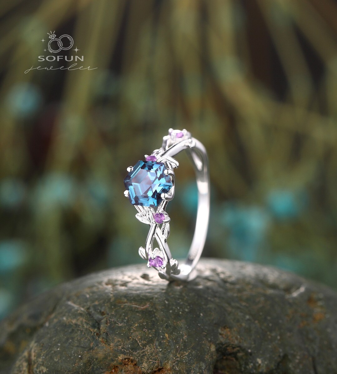 Hexagon Leaf Alexandrite Engagement Ring, Unique Sterling Silver Twig ...