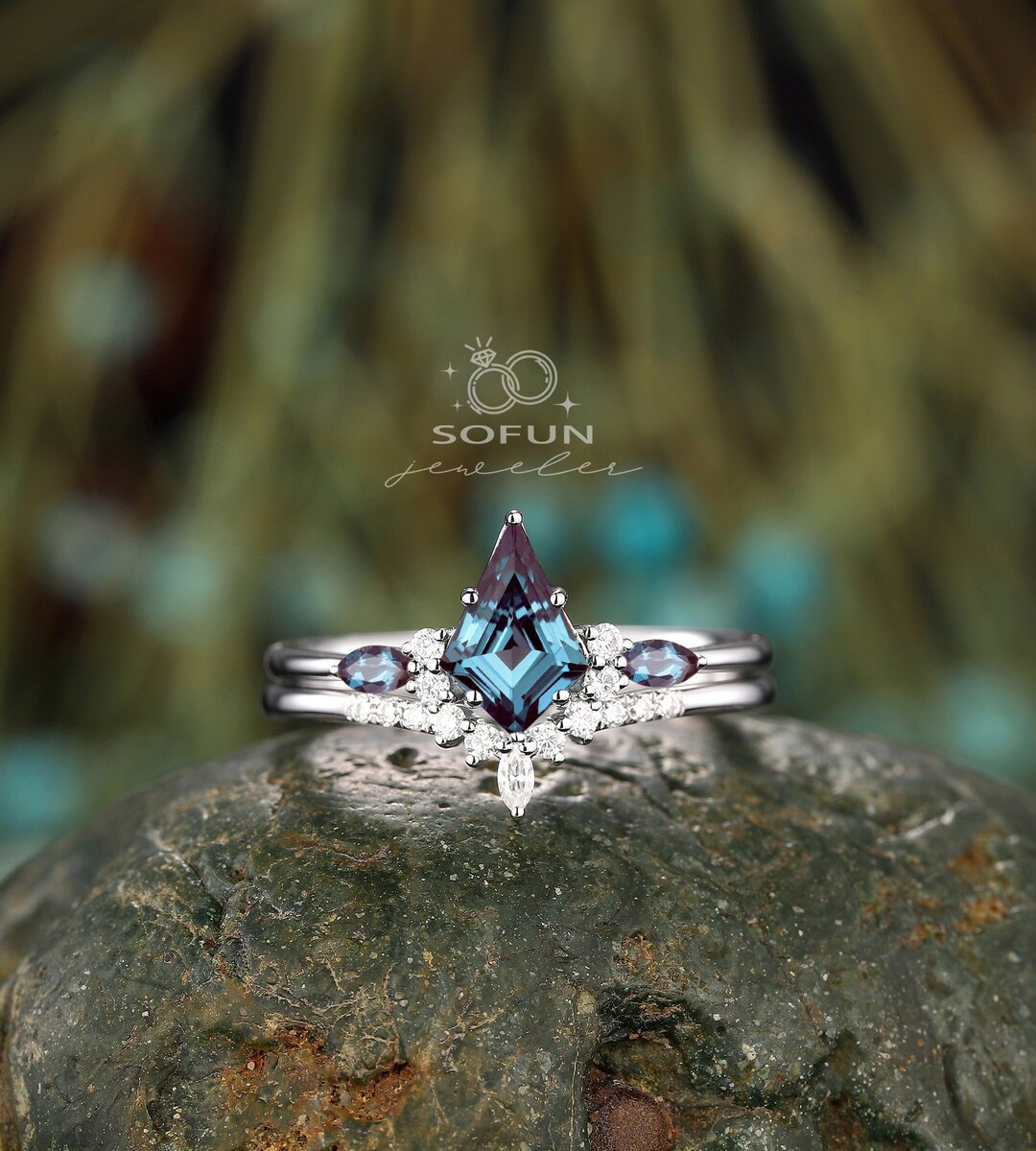 Vintage Kite Cut Alexandrite Engagement Ring Set, Unique 14k White Gold ...