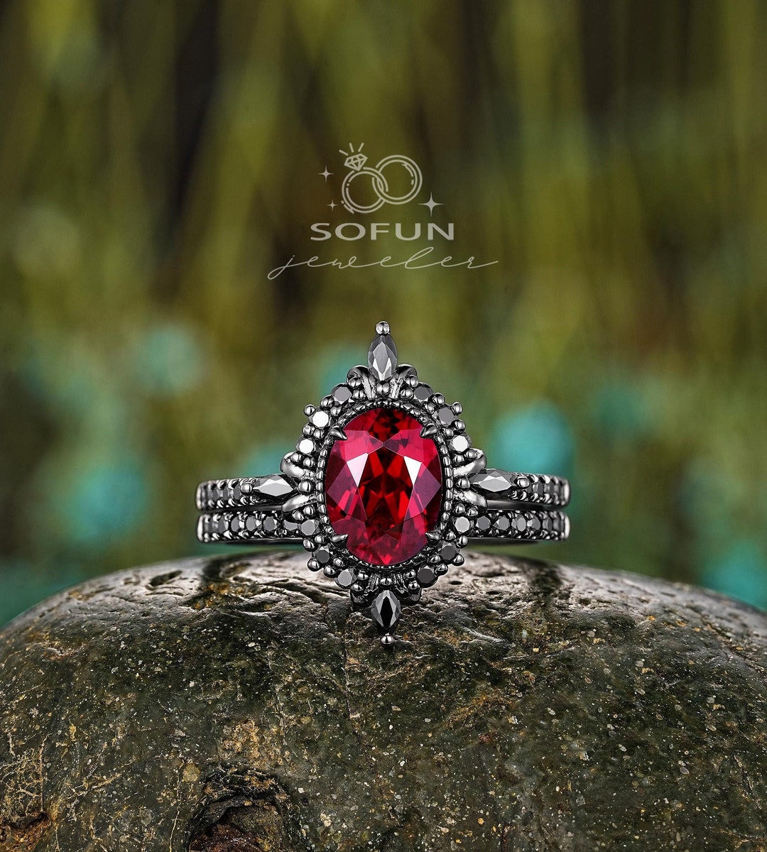 Black Gold Ruby Halo Engagement Ring Set, Gothic Oval Cut Ruby Promise ...