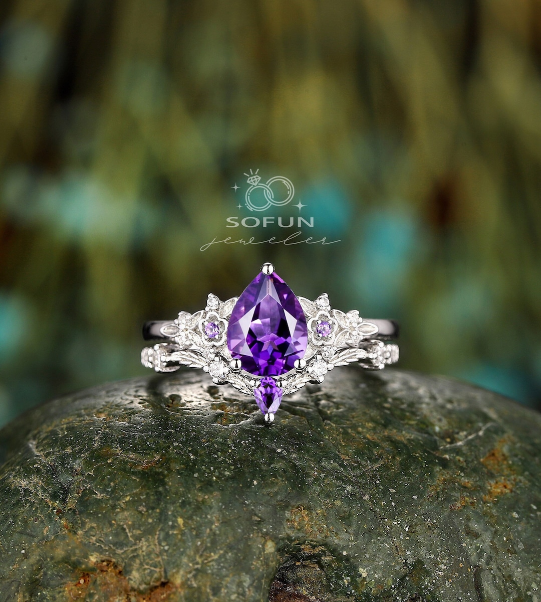 Vintage Pear Shape Amethyst Engagement Ring Set, Unique 14K White Gold ...