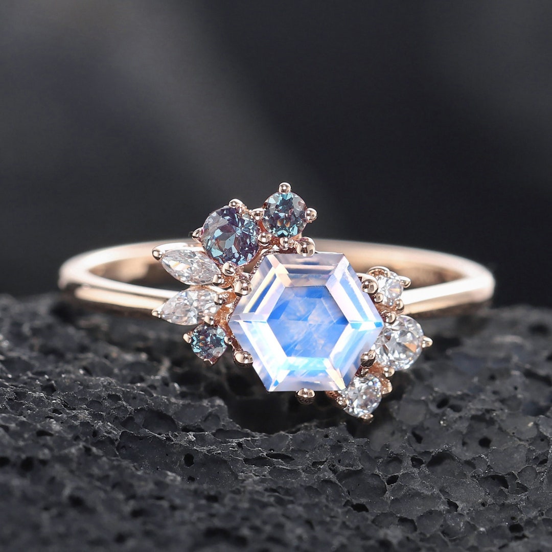 Vintage Hexagon Cut Moonstone Engagement Ring, Unique 14k Rose Gold ...