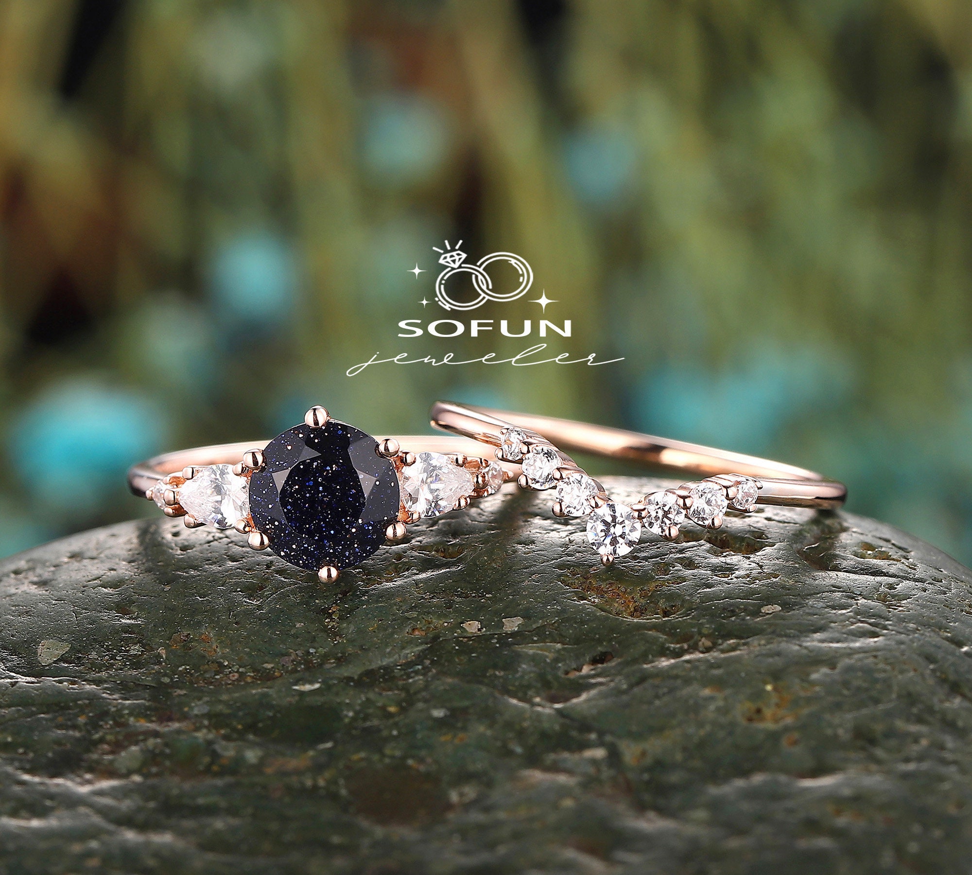 Vintage Blue Sandstone Engagement Ring Set, 14k Rose Gold Moissanite ...