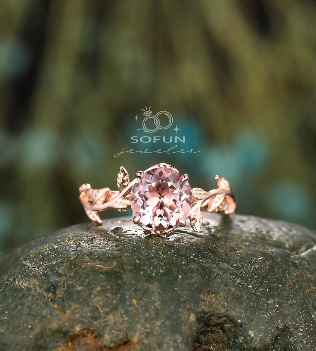 Nature Inspired Pink Morgainte Solitaire Leaf Engagement Ring, Round ...