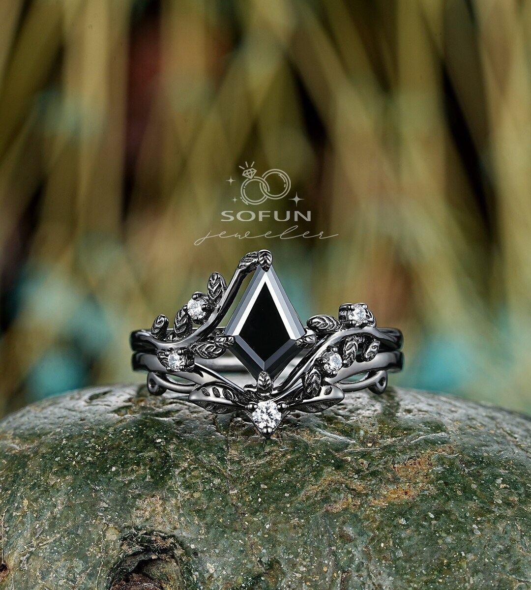 Gothic Black Gold Kite Cut Black Moissanite Leaf Engagement Ring, Black ...